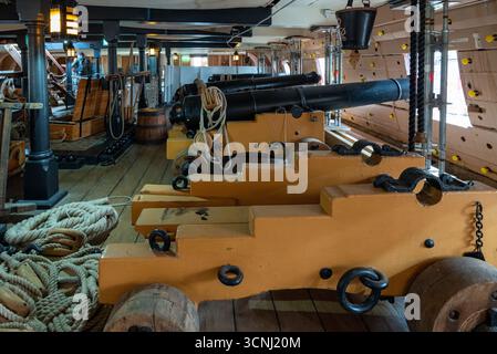 Wooden gun decks on HMS Victory, Nelson's famous flagship in Portsmouth ...