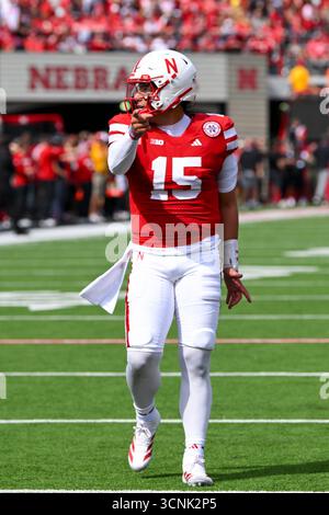 Nebraska quarterback Dylan Raiola (15) carries the ball up the field ...