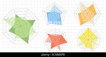 Pentagon, hexagon, heptagon, octagon diagrams divided on equal segments ...