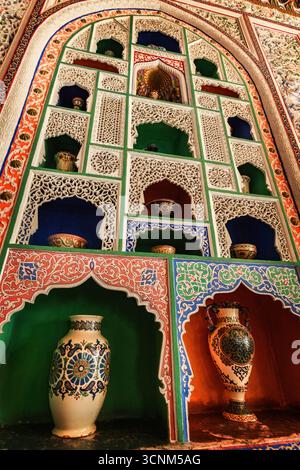Traditional clay pottery samples in the Applied Arts museum in Tashkent ...
