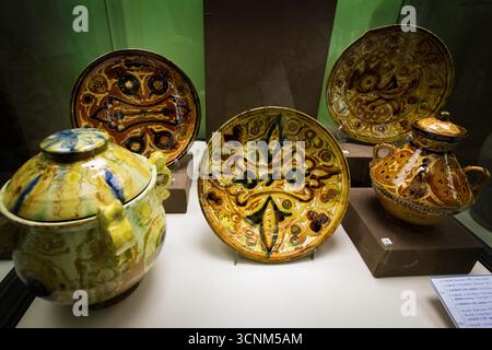 Traditional clay pottery samples in the Applied Arts museum in Tashkent ...