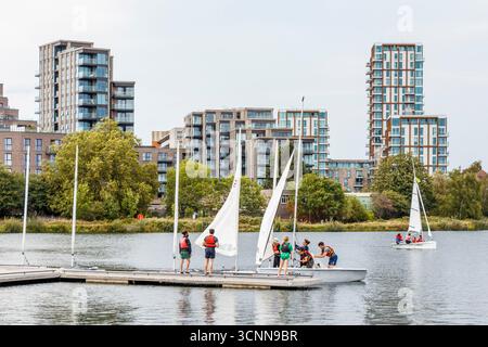 People sailing small boats on the West Reservoir in Hackney, London, UK ...
