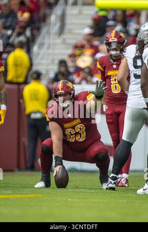 Washington Commanders center Tyler Biadasz (63) warms up before an NFL ...