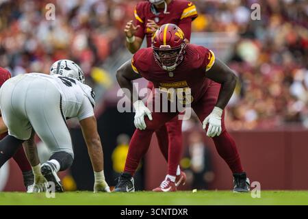 Washington Commanders guard Chris Paul (75) blocks during an NFL ...