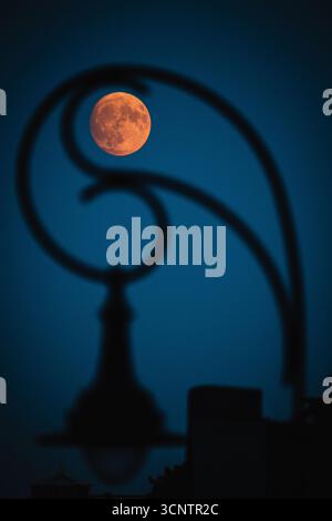 Full blood red moon in a city sky, tv antennas are visible in the ...