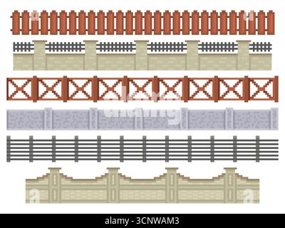 8 bit fences. Pixel retro game assets, stone, wooden, brick borders ...