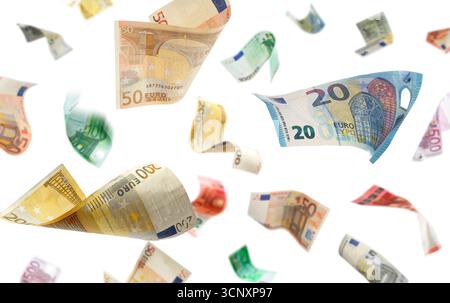 Rain of euro bills, flying falling money on a yellow background ...