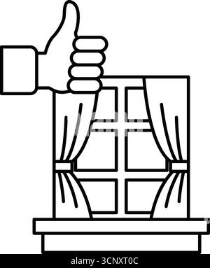 A hand giving a thumbs up to a window with curtains. The curtains are ...