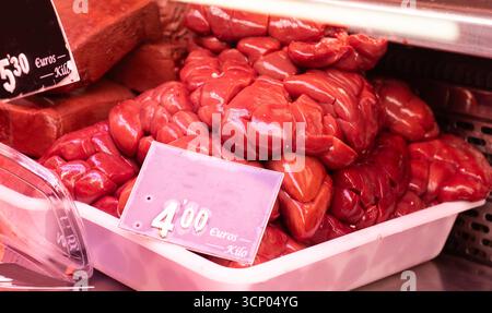 Shop sells raw chilled bull testicles Stock Photo - Alamy