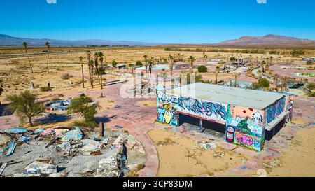 Aerial Abandoned Water Park Graffiti Desert Landscape California Stock