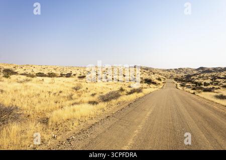 Empty winding road through rocky landscape under a clear blue sky with ...