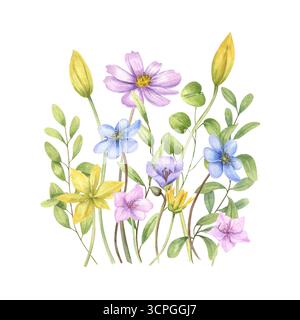 Floral bouquet. Watercolor pink tulip, yellow and white daffodles ...