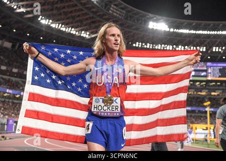 Cole Hocker of the USA celebrates his gold medal in the 5000m men’s ...