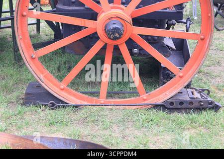 Steam engine is secured with a wedge against rolling away Stock Photo ...