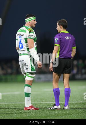 Galway, Ireland. 27th September, 2025. Connacht's Josh Ioane scores a ...
