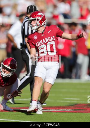 September 27, 2025: Razorback place kicker Scott Starzyk (80) prepares ...