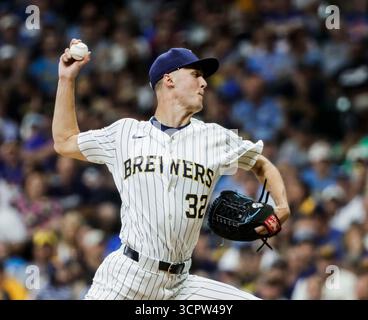 Milwaukee Brewers pitcher Jacob Misiorowski looks on before a baseball ...