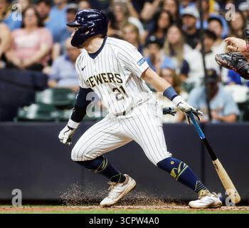 Milwaukee Brewers' Caleb Durbin hits an RBI single during the fourth ...