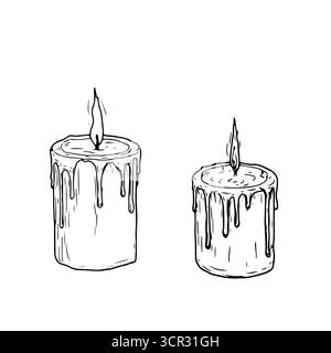 Two burning candles with dripping wax isolated on white background ...
