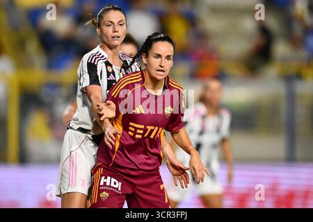 Cecilia Salvai of Juventus women and Evelyne Viens of AS Roma compete ...