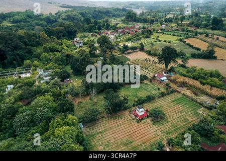 Aerial view of the ghost town of Berastepu, located near Mount Sinabung ...
