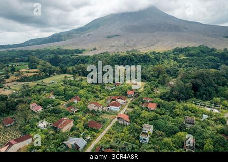 Aerial view of the ghost town of Berastepu, located near Mount Sinabung ...