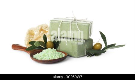 Loofah sponge and soap bars isolated on white Stock Photo - Alamy