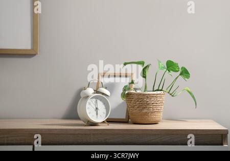 Chest of drawers with houseplant, alarm clock and cube calendar near ...