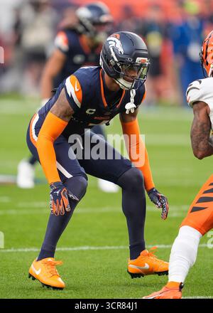Denver Broncos cornerback Pat Surtain II (2) walks the sideline before ...