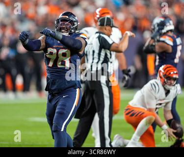Denver Broncos defensive end John Franklin-Myers (98) celebrates a sack ...