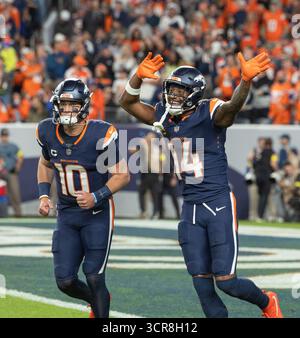 Denver Broncos' Bo Nix celebrates a touchdown pass during the second ...