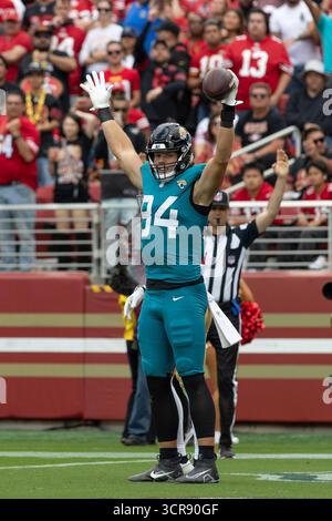 Jacksonville Jaguars tight end Hunter Long (84) walks the sideline ...
