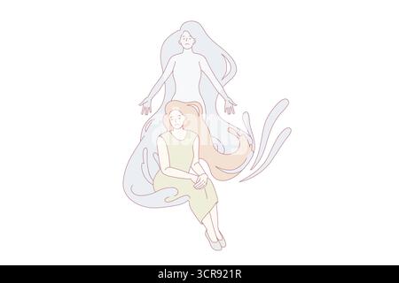 Spiritual female body releasing and meditation therapy . Vector concept ...
