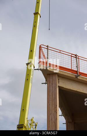 Glulam laminated timber frame corner with edge protection safety ...