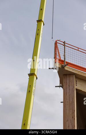Glulam laminated timber frame corner with edge protection safety ...