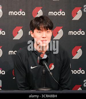 Portland Trail Blazers' Yang Hansen defends during an NBA basketball ...