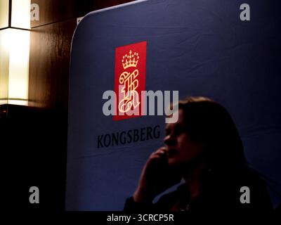 Kongsberg logo is seen during a panel discussion during the second day ...