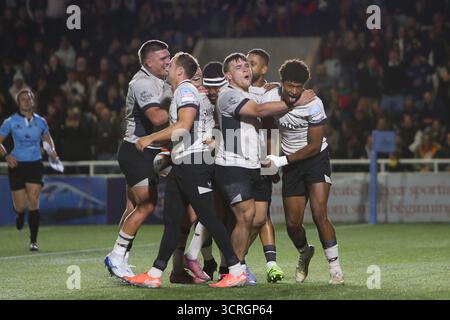 Players of Newcastle Red Bulls celebrate Stefan Coetzee's try during ...