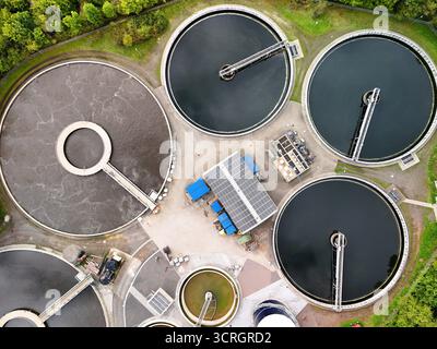 Aerial View Of Circular Clarifiers And Treatment Basins At Wastewater ...