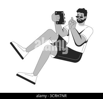 Black man using gadget buttons in relaxed pose 2D cartoon character ...