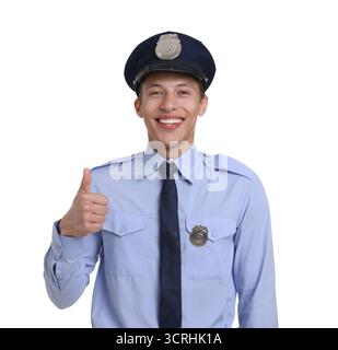 Police officer, portrait and happy with thumbs up in road for law ...