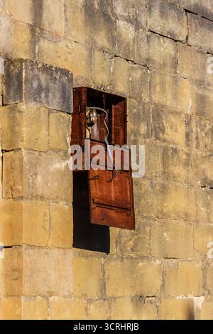 Rusty power supply box on the brick wall. Electrical panel with fuses ...