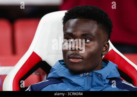 Bukayo Saka of Arsenal on the bench during the UEFA Champions League ...