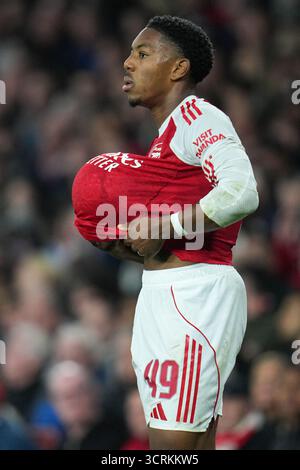 Myles Lewis-Skelly of Arsenal FC gestures during the UEFA Champions ...