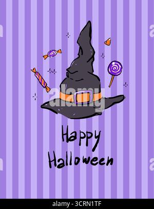 Festive black hat with orange stripes hat icon. Cartoon of Festive ...