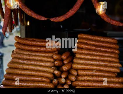 A stand with traditional Polish sausages. On Saturday, May 28, 2022, in ...