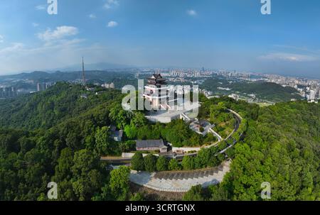 Aerial photography of the hanging pavilion on Gaobang Mountain in ...