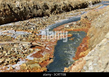 Toxic mine water discharge, acid mine drainage contaminates the ...
