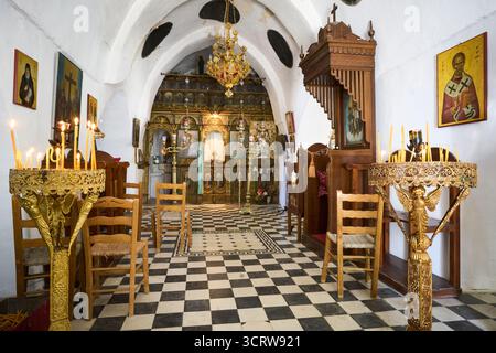 Church interior, Mounde Monastery, Ikaria island, Greece. The monastery ...