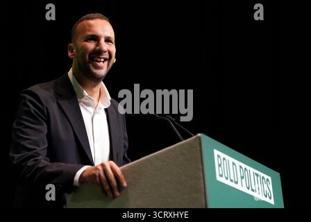 Green Party leader Zack Polanski welcomes his partner Richie Bryan onto ...